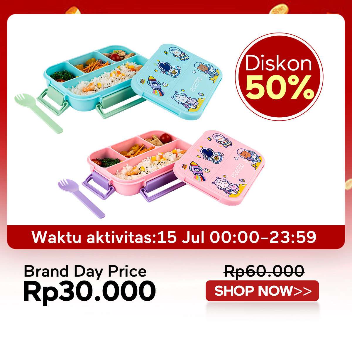 ecentio Anti Tumpah Kotak Bekal Makan Anak 4 grids 1000ML