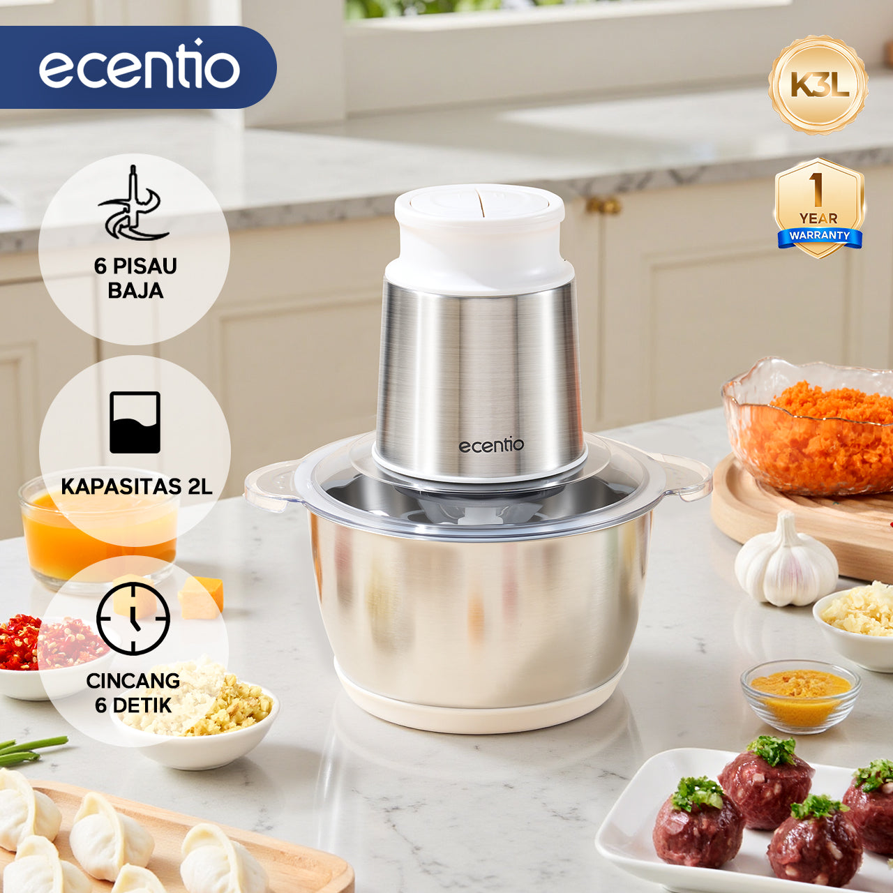 【ecentio Super Chopper 2L Series】Blender Daging 250W 6 Pisau Stainless